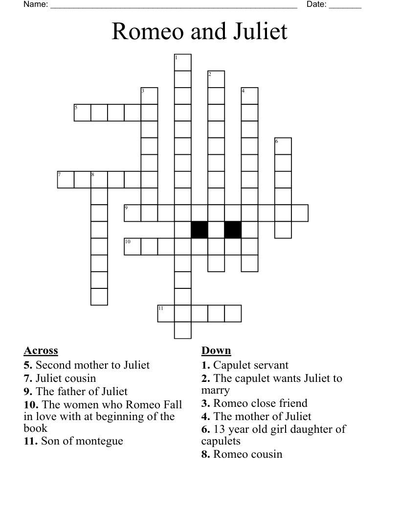 Romeo and Juliet Crossword - WordMint