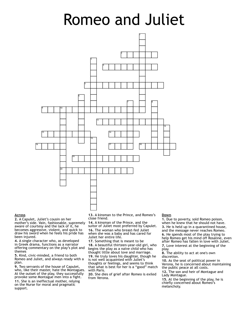 Romeo and Juliet Crossword - WordMint