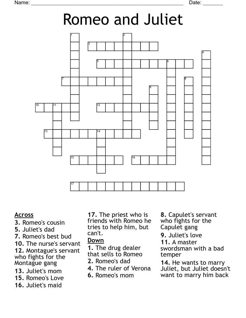 Romeo and Juliet Crossword - WordMint