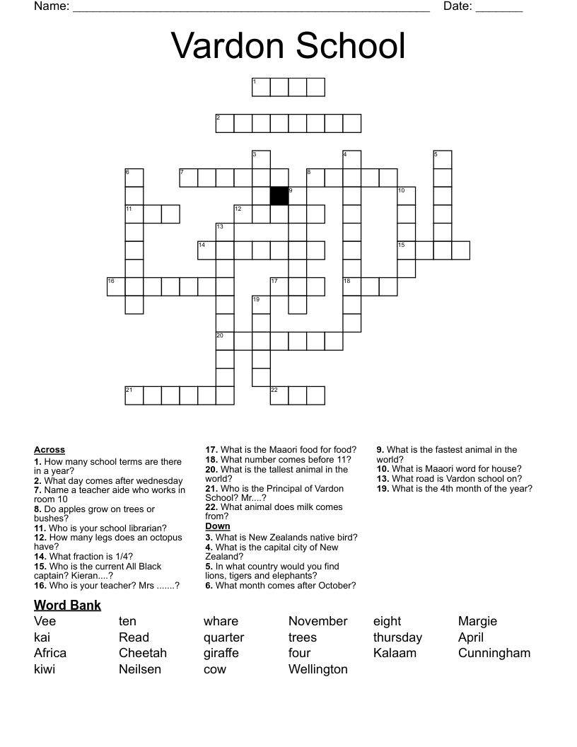 Vardon School Crossword - WordMint