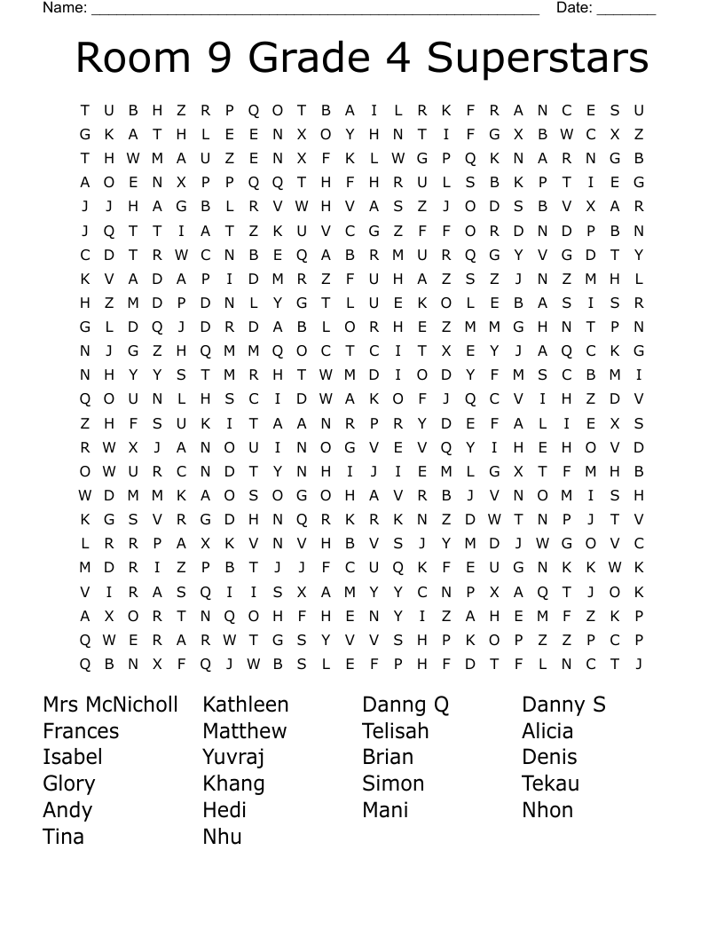 Room 9 Grade 4 Superstars Word Search - WordMint