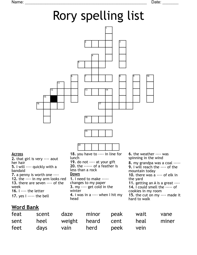 Rory spelling list Crossword - WordMint