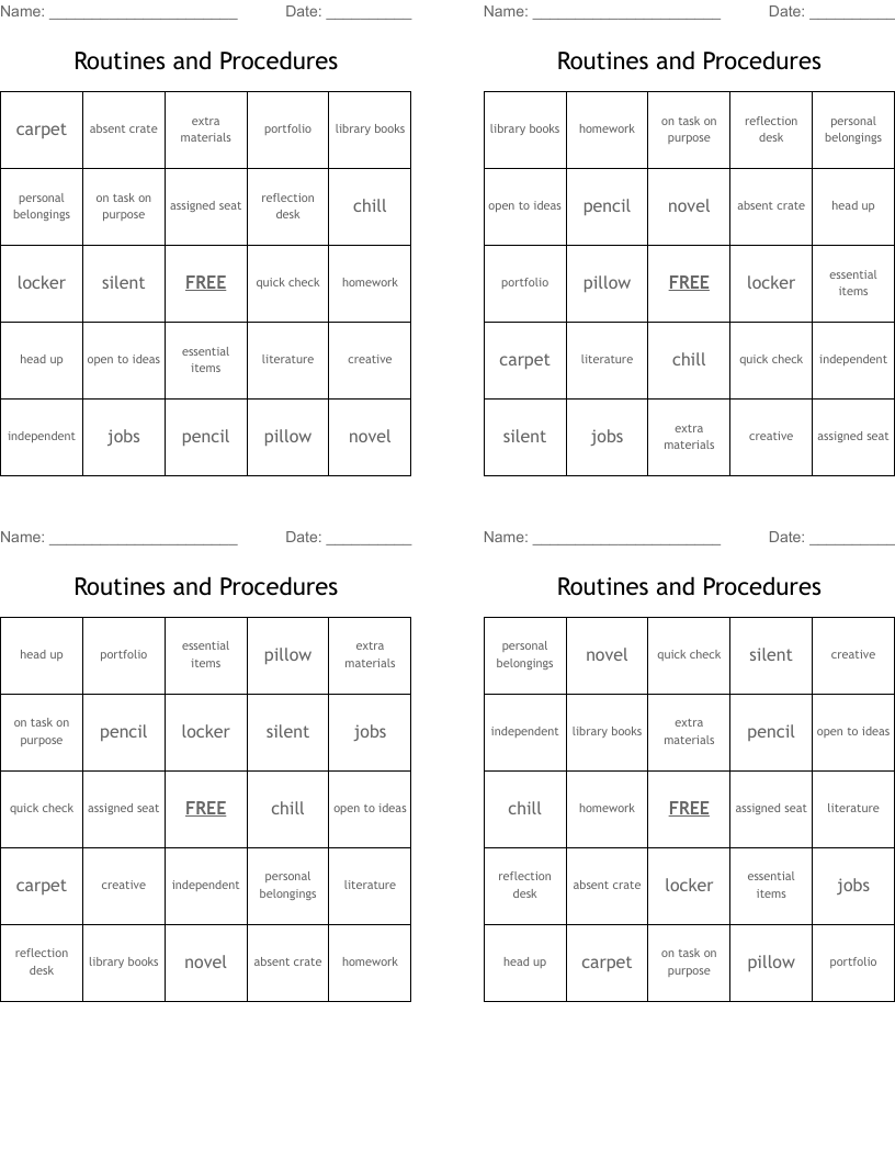 Routines and Procedures Bingo Cards - WordMint