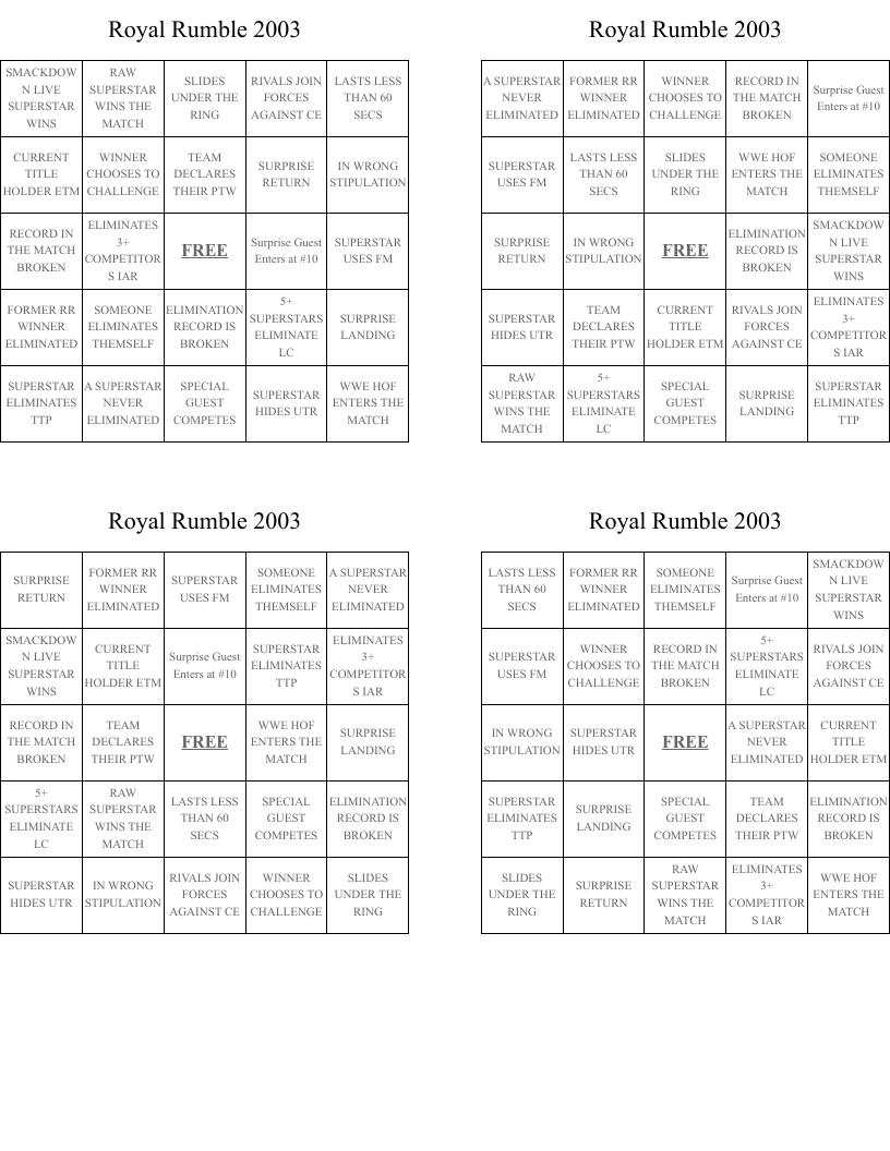 Royal Rumble 2003 Bingo Cards - WordMint