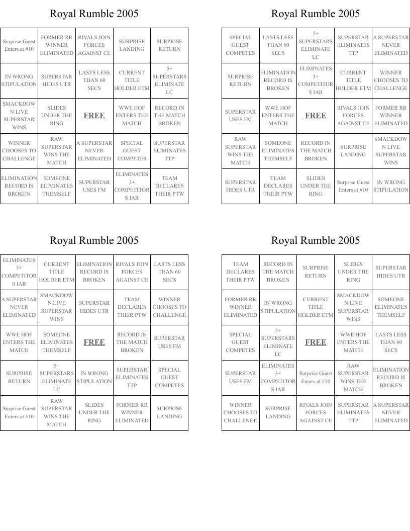 Royal Rumble 2005 Bingo Cards - WordMint