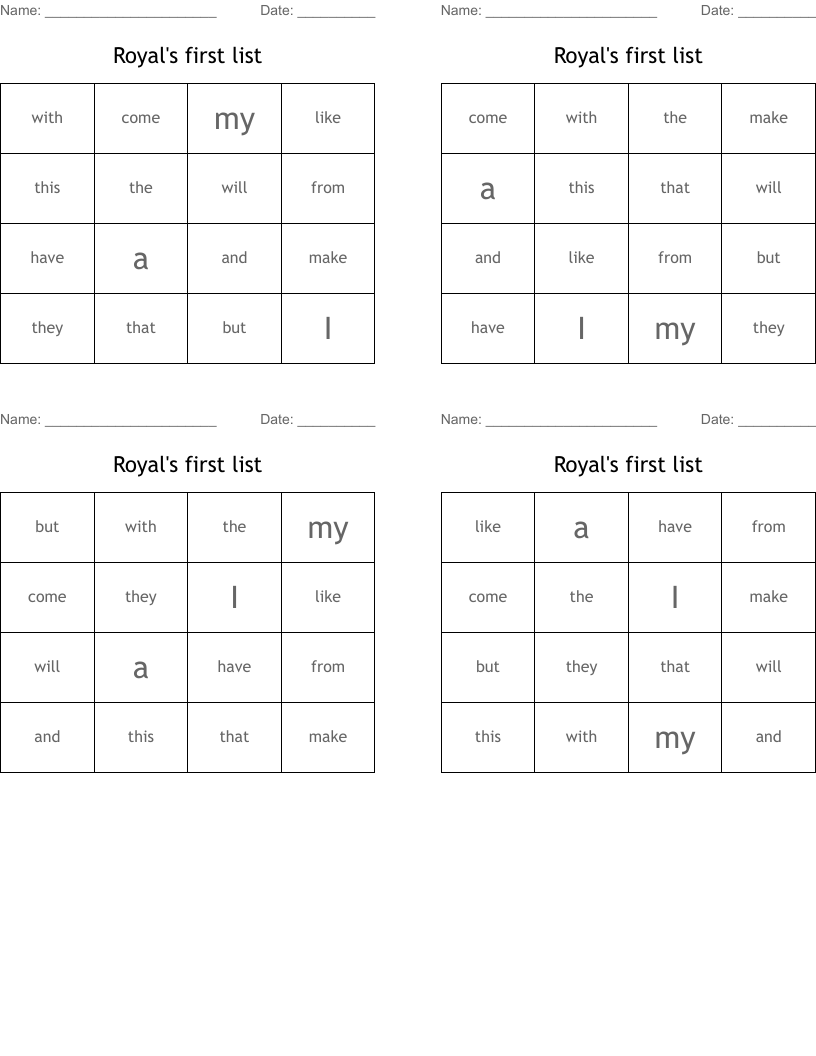 Royal's first list Bingo Cards - WordMint