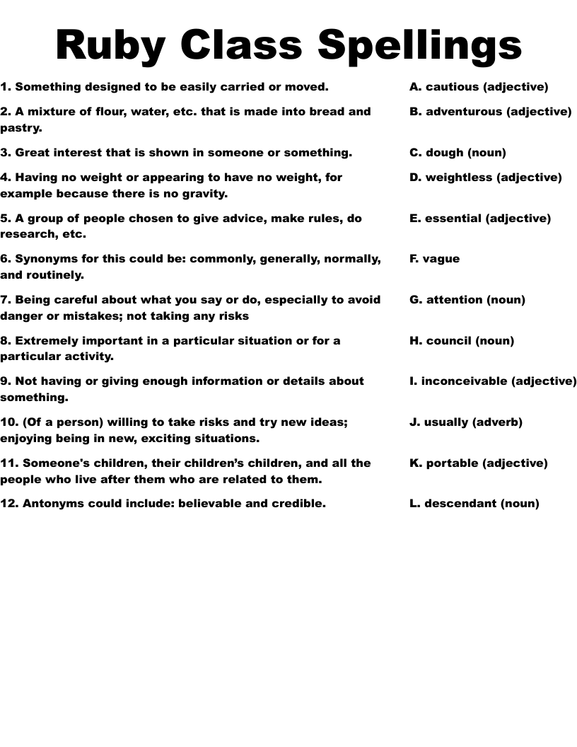 Ruby Class Spellings Worksheet WordMint