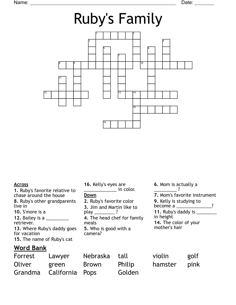 Ruby's Family Crossword - WordMint