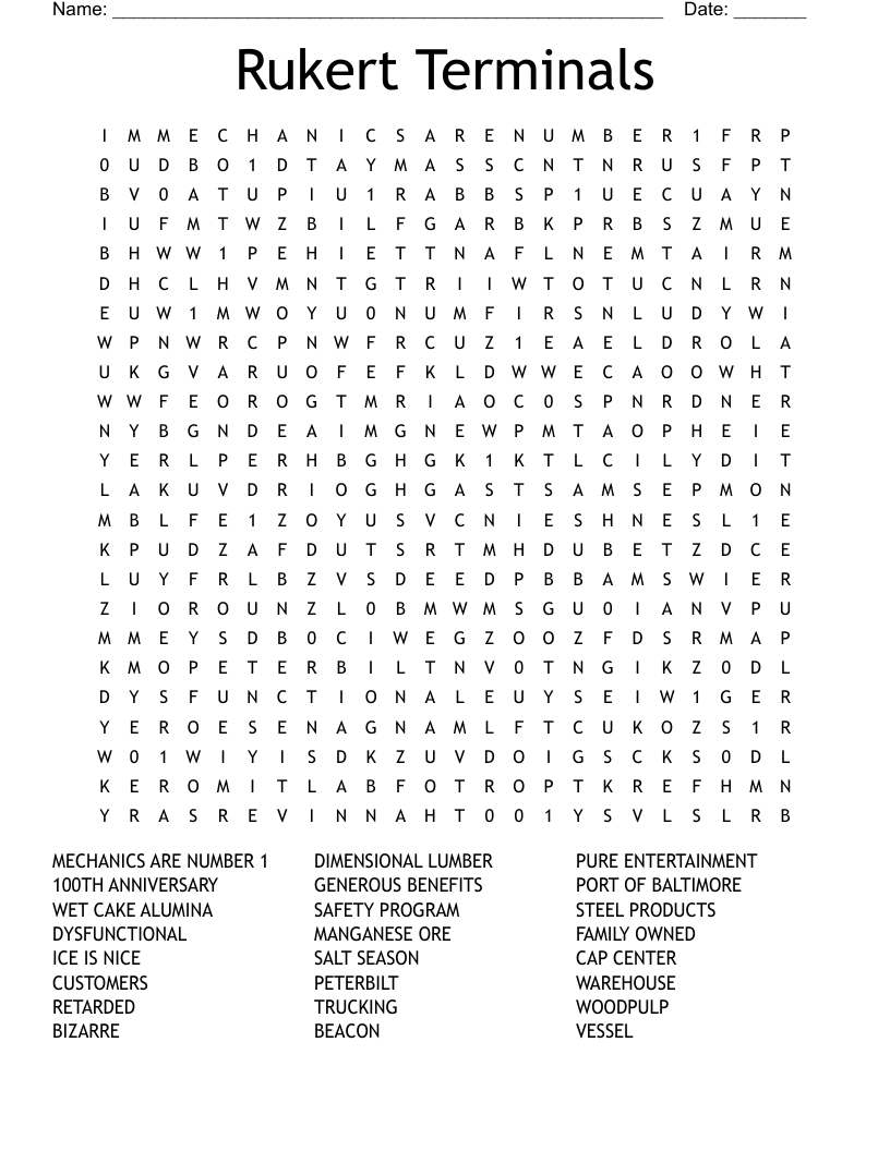 Rukert Terminals Word Search - WordMint
