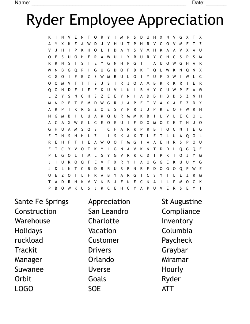 Ryder Employee Appreciation Word Search - WordMint