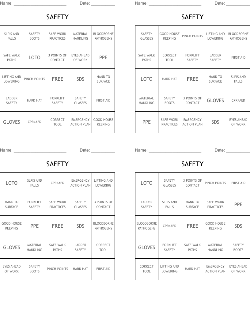 SAFETY Bingo Cards WordMint