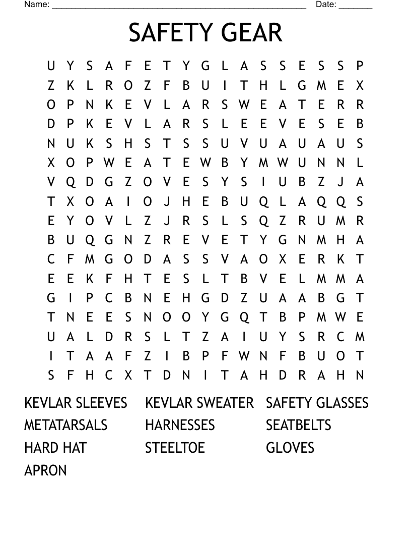 SAFETY GEAR Word Search - WordMint