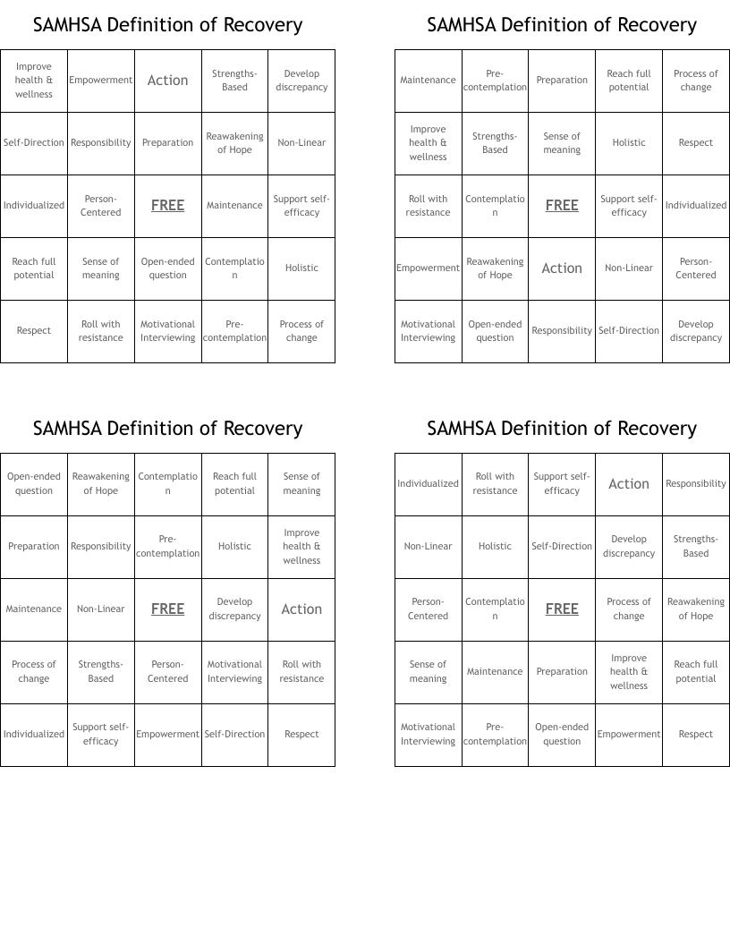 SAMHSA Definition Of Recovery Bingo Cards WordMint