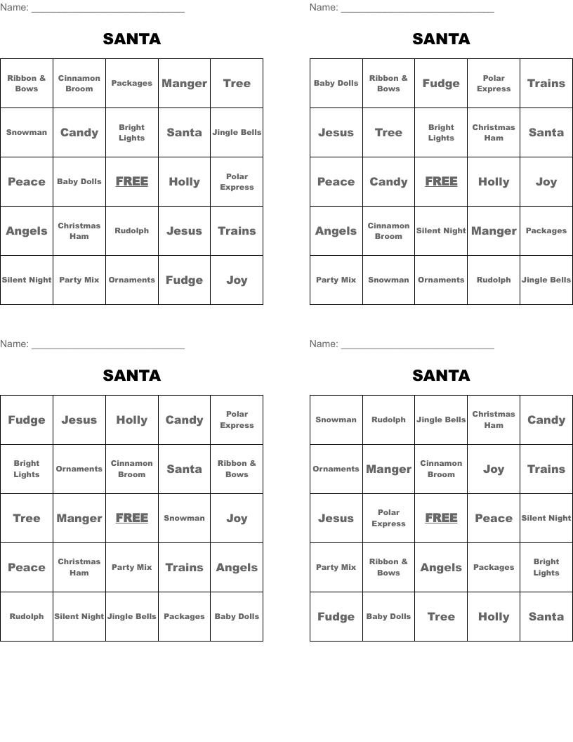 SANTA Bingo Cards - WordMint