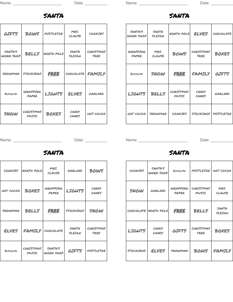 SANTA Bingo Cards - WordMint