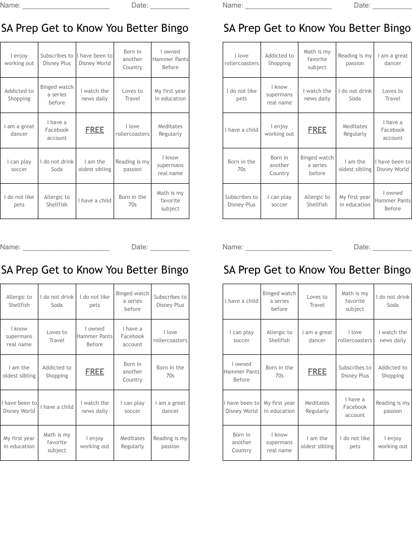 SA Prep Get to Know You Better Bingo - WordMint
