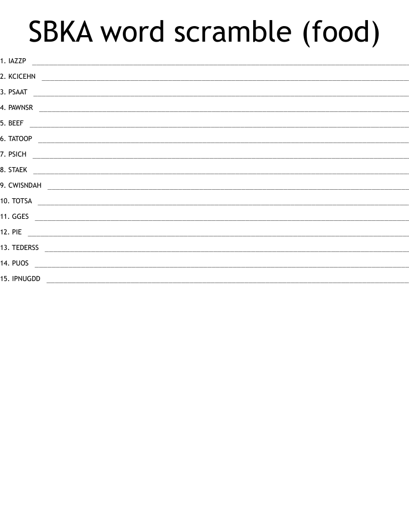 SBKA word scramble (food) - WordMint