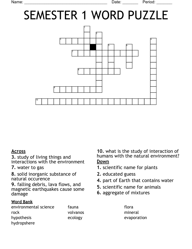 SEMESTER 1 WORD PUZZLE Crossword - WordMint