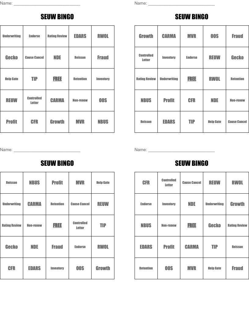 SEUW BINGO - WordMint