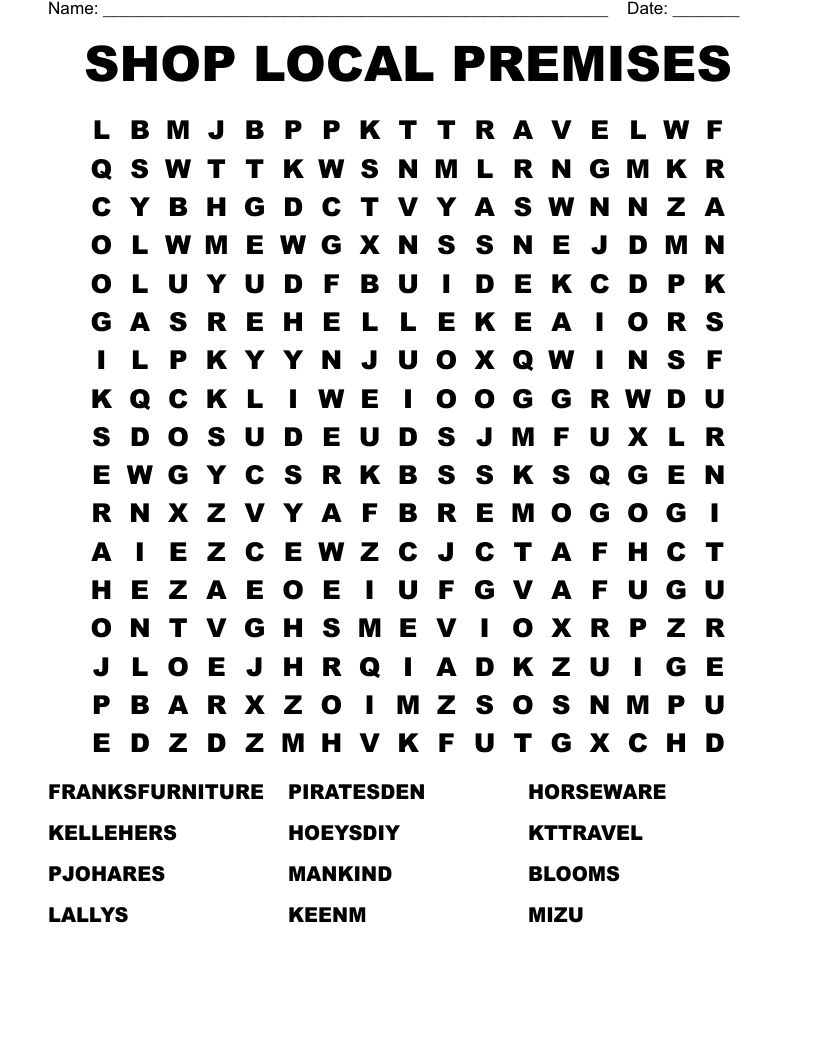 SHOP LOCAL PREMISES Word Search - WordMint