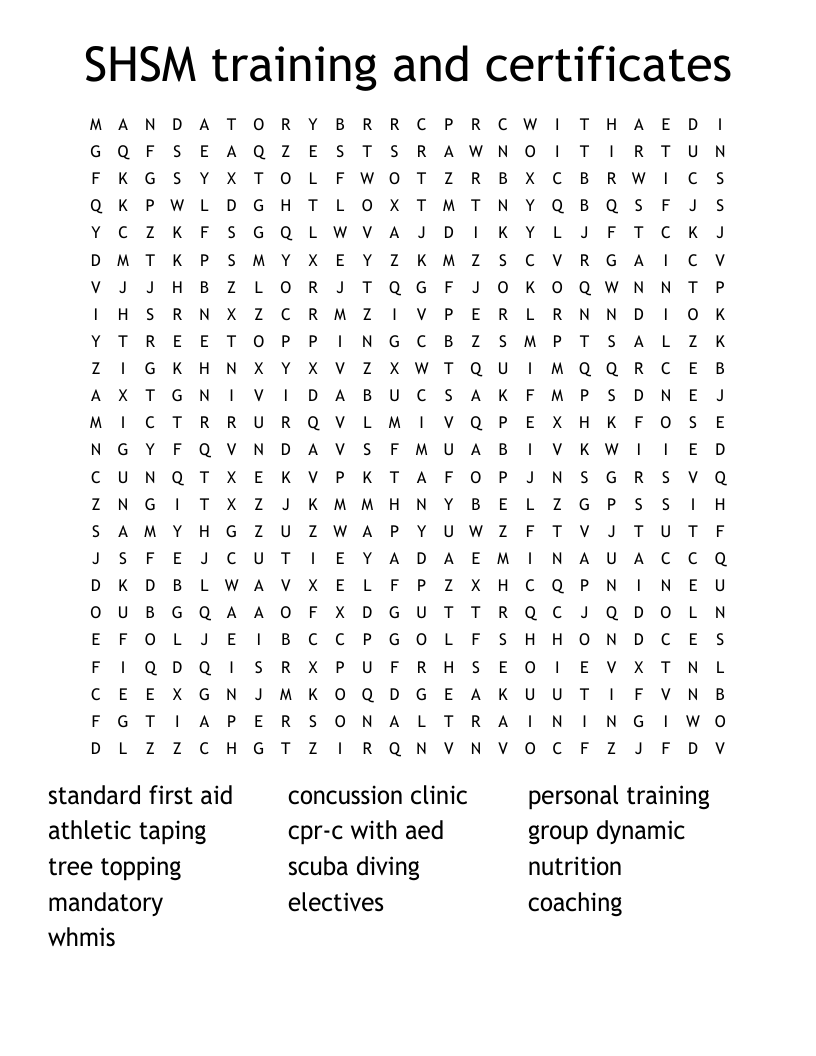 SHSM training and certificates Word Search - WordMint