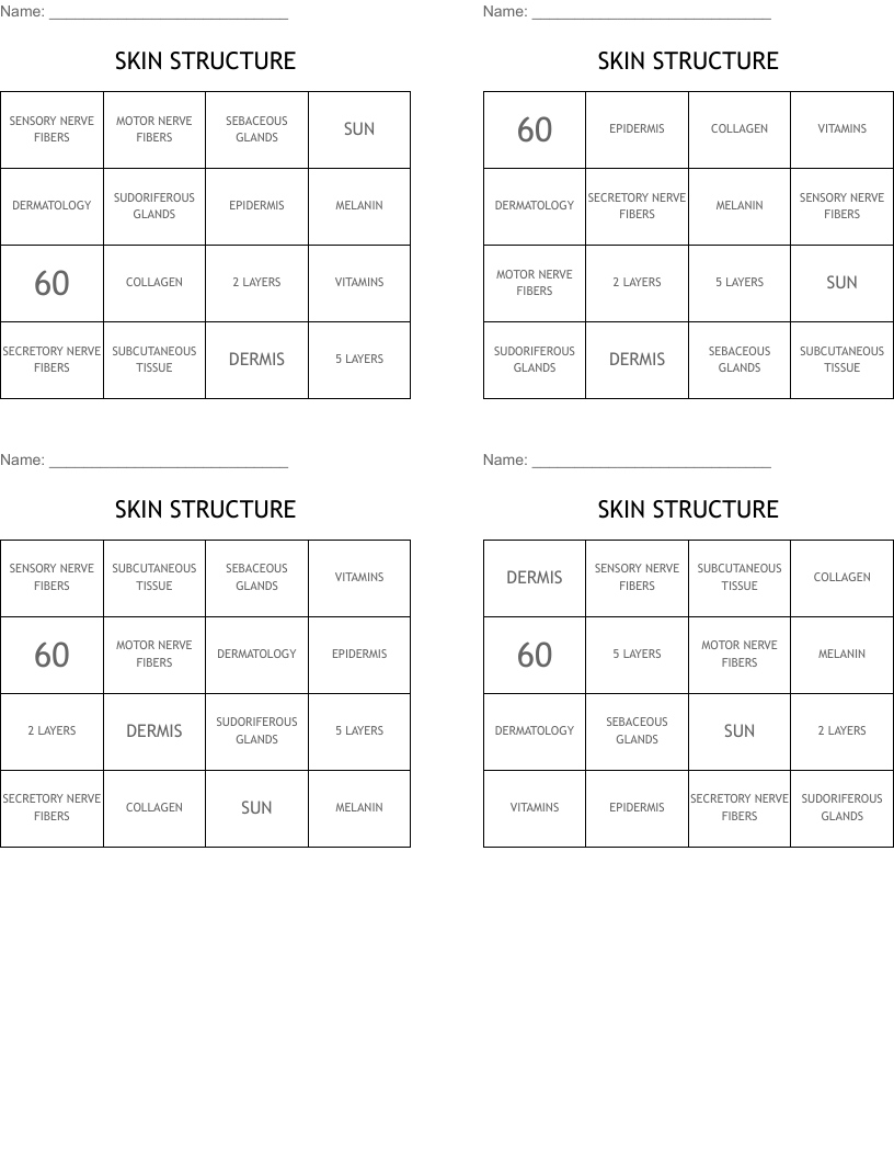 SKIN STRUCTURE Bingo Cards - WordMint