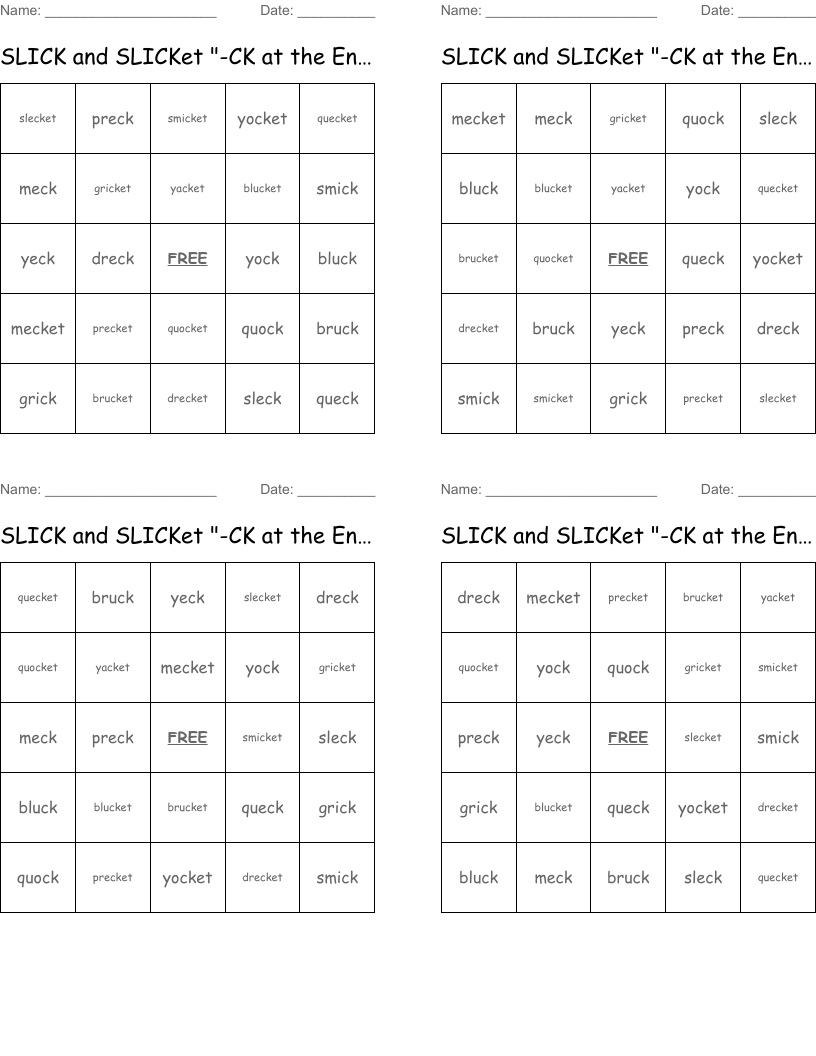 SLICK and SLICKet "-CK at the End of the Word or Base Word Bingo Cards ...