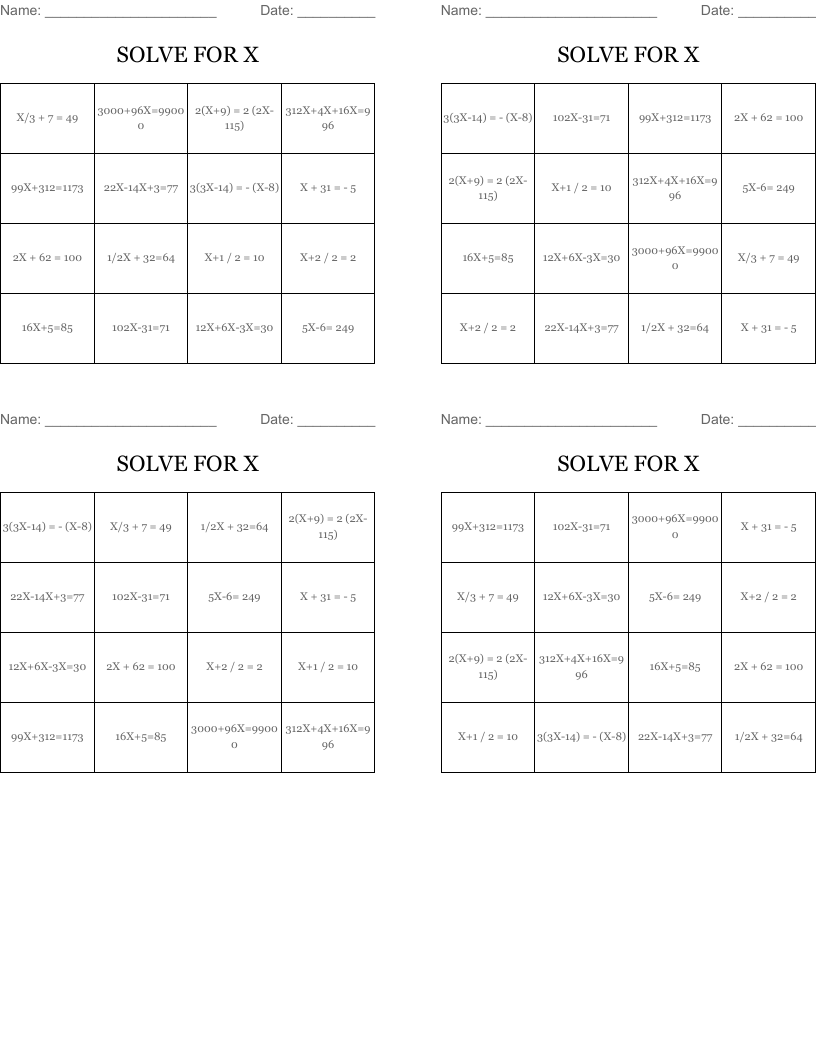 SOLVE FOR X Bingo Cards WordMint