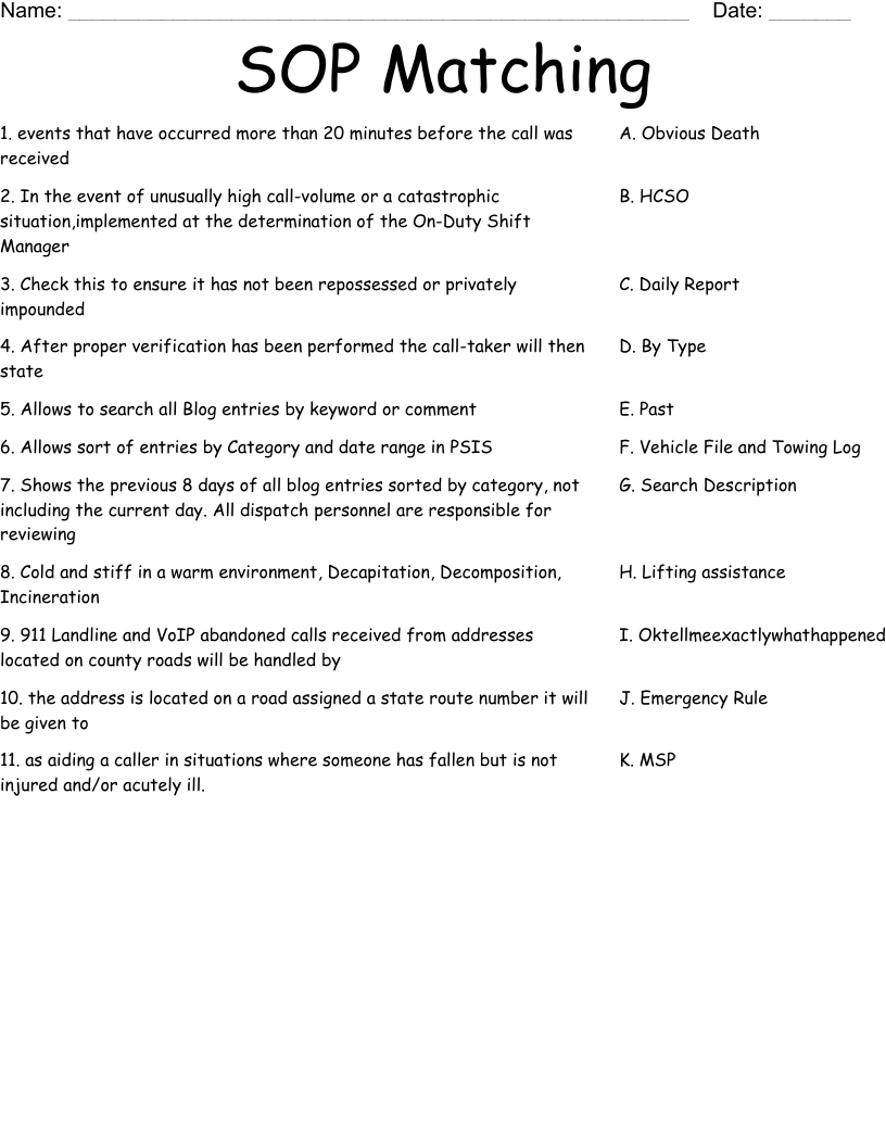 SOP Matching Worksheet - WordMint
