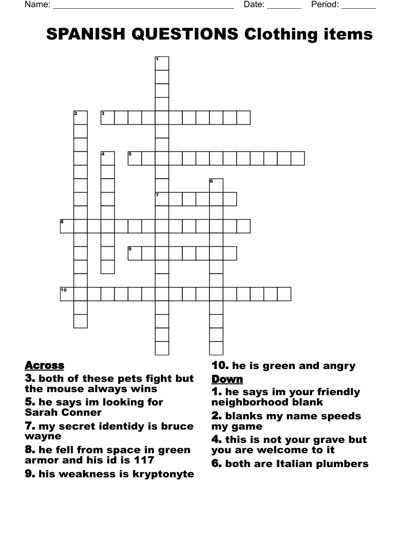 SPANISH QUESTIONS Clothing items Crossword - WordMint