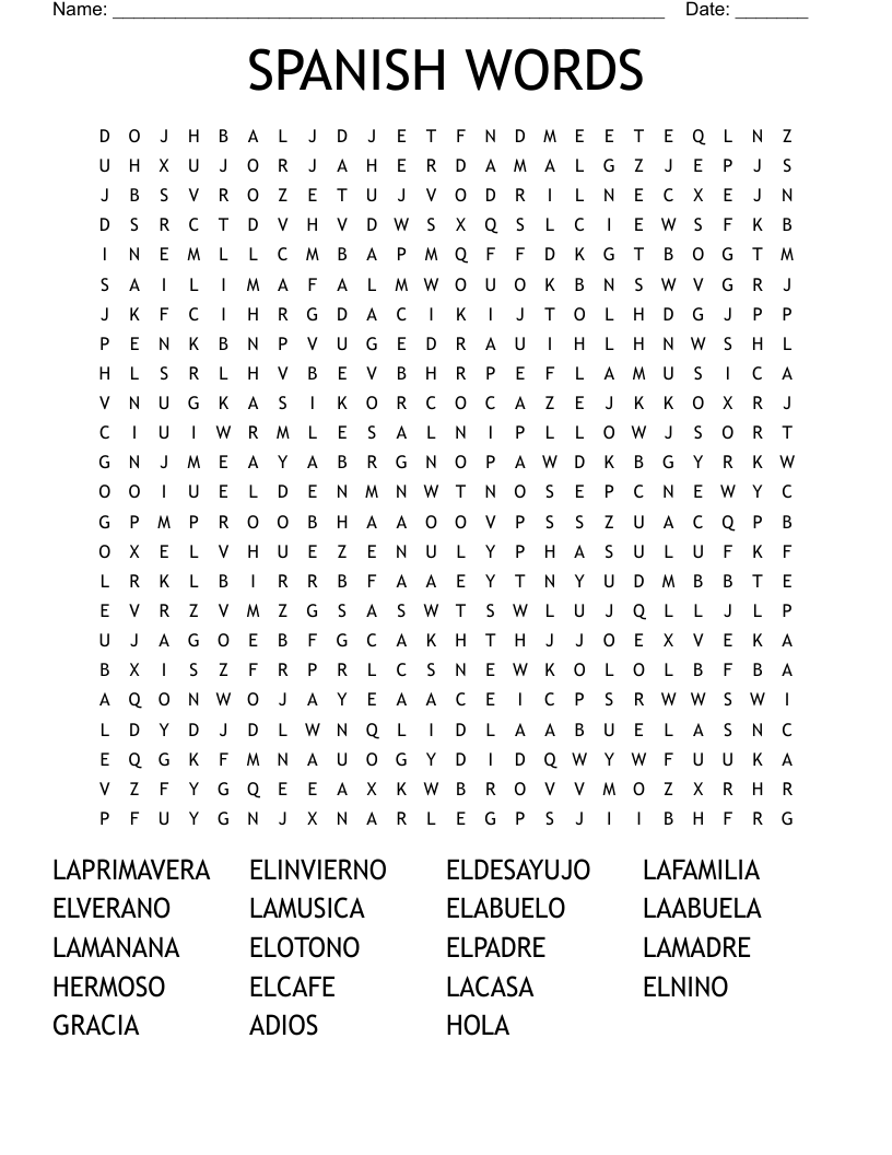 SPANISH WORDS Word Search - WordMint
