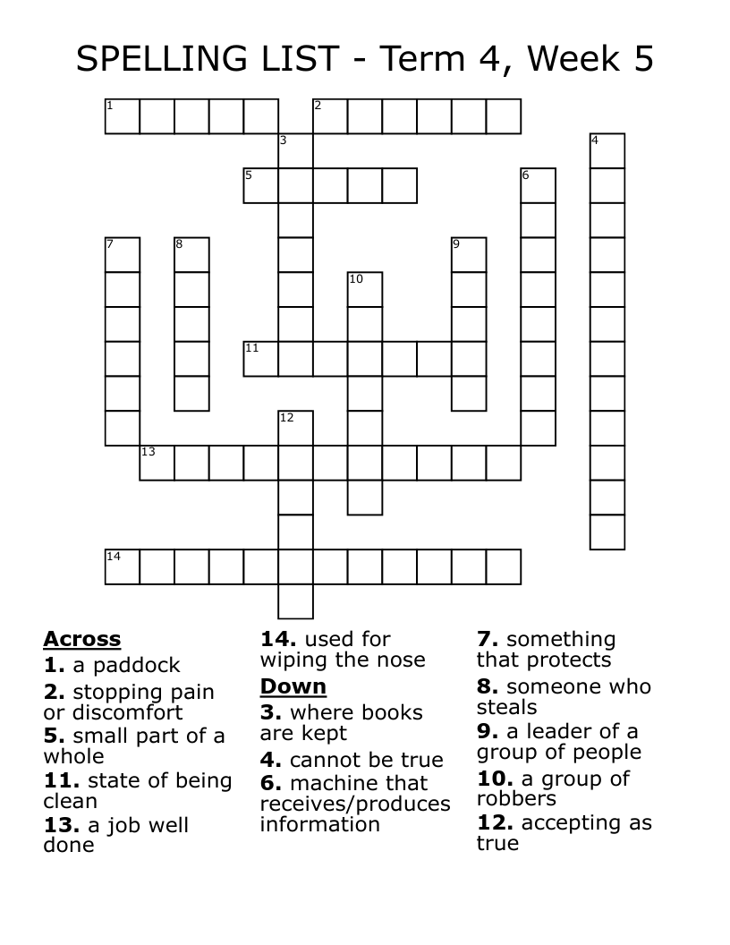 SPELLING LIST - Term 4, Week 5 Crossword - WordMint
