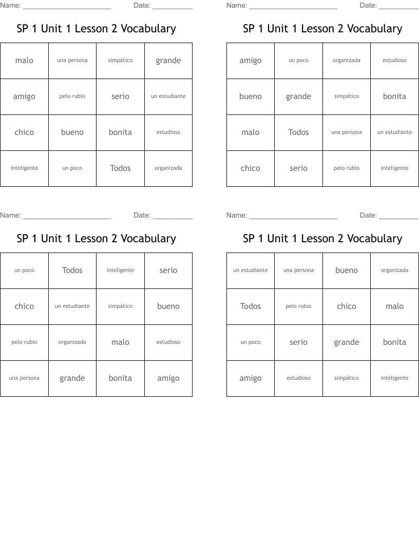 SP 1 Unit 1 Lesson 2 Vocabulary Bingo Cards - WordMint