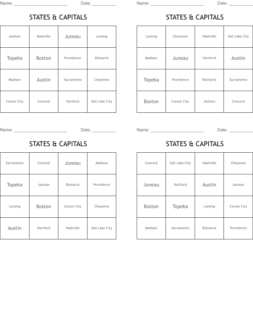STATES & CAPITALS Bingo Cards - WordMint
