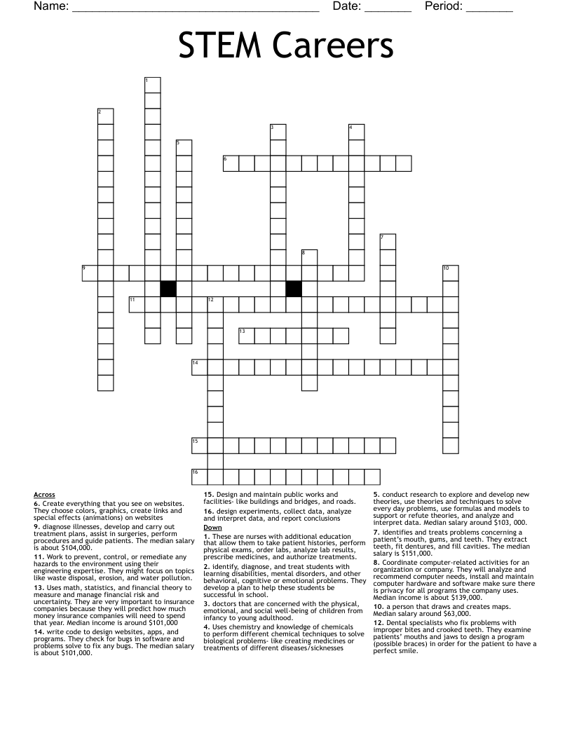 STEM Careers Crossword - WordMint