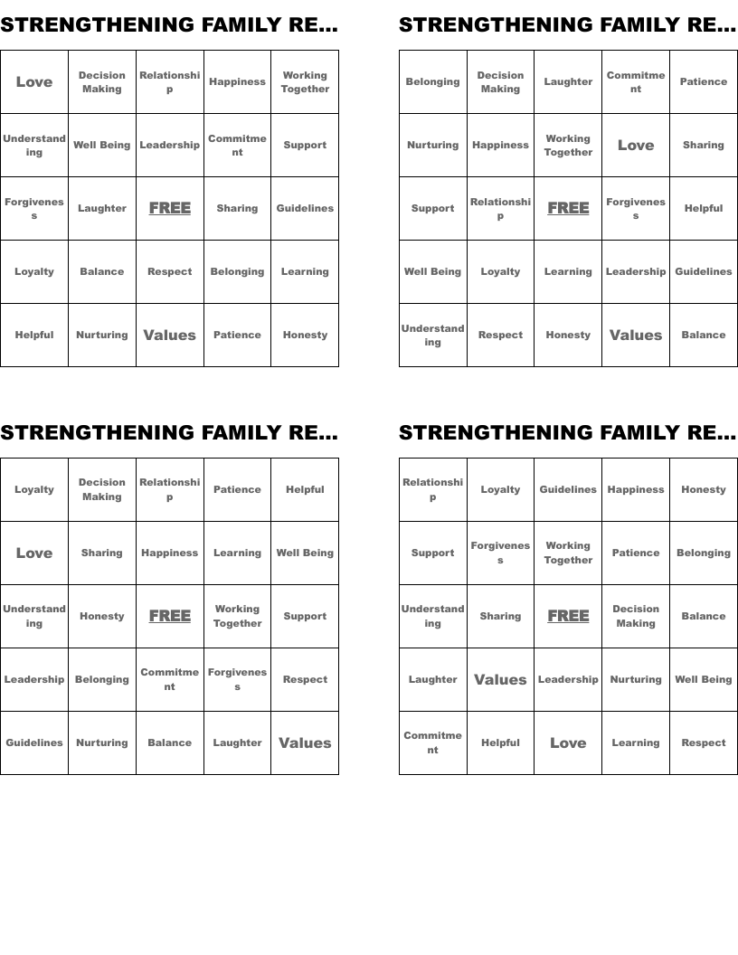 STRENGTHENING FAMILY RELATIONSHIPS Bingo Cards - WordMint