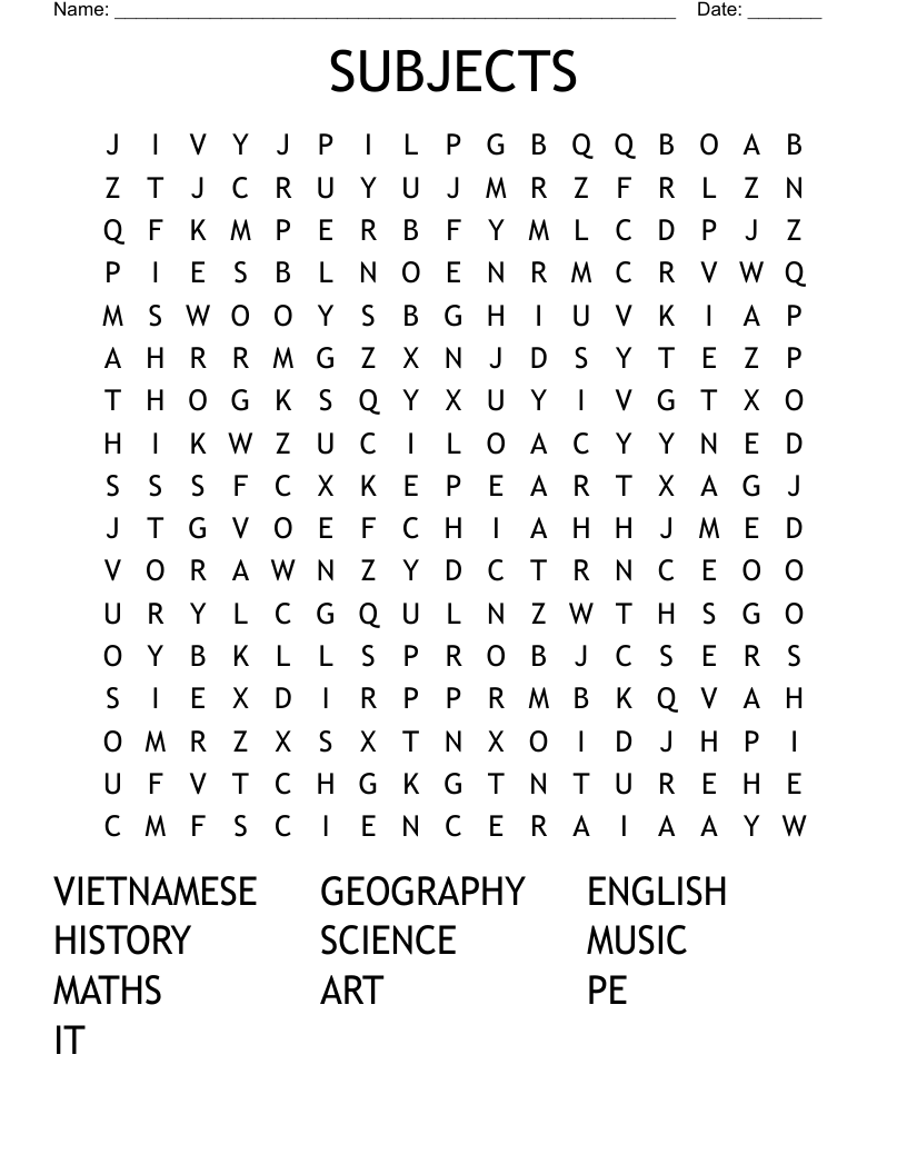 SUBJECTS Word Search WordMint