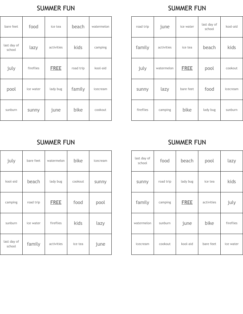 SUMMER FUN Bingo Cards WordMint