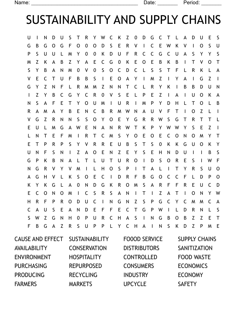 SUSTAINABILITY AND SUPPLY CHAINS Word Search - WordMint