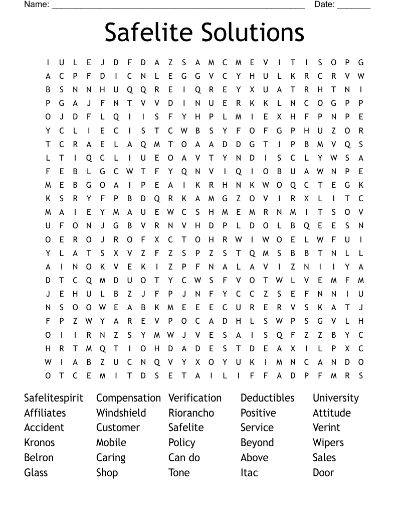 Safelite Solutions Word Search - WordMint