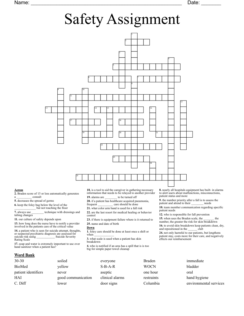 Safety Assignment Crossword - WordMint