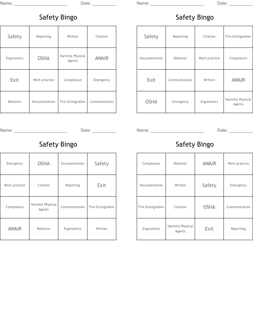 Safety Bingo - WordMint
