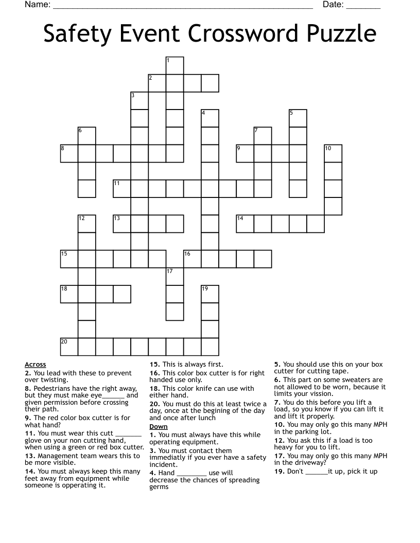 Safety Event Crossword Puzzle - WordMint