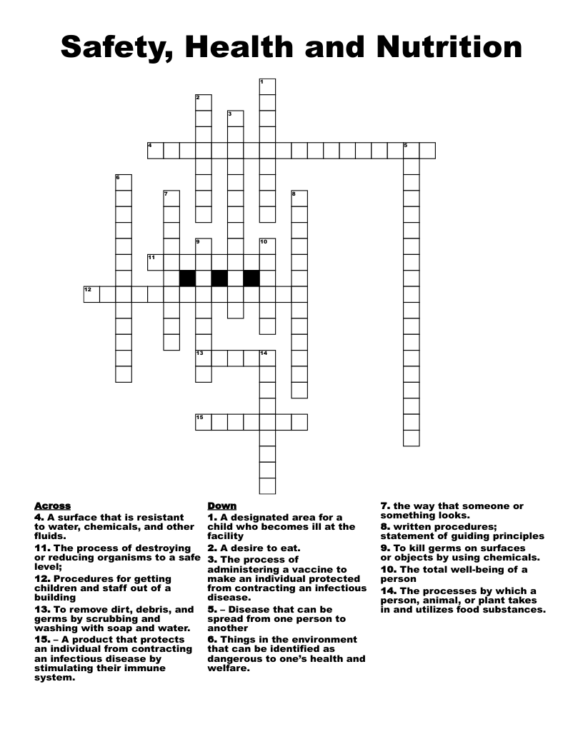 Safety, Health and Nutrition Crossword - WordMint