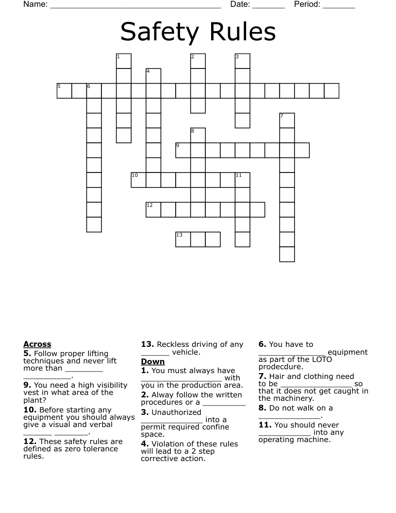 Safety Rules Crossword - WordMint