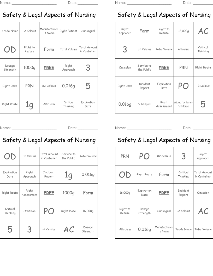Safety & Legal Aspects of Nursing Bingo Cards - WordMint