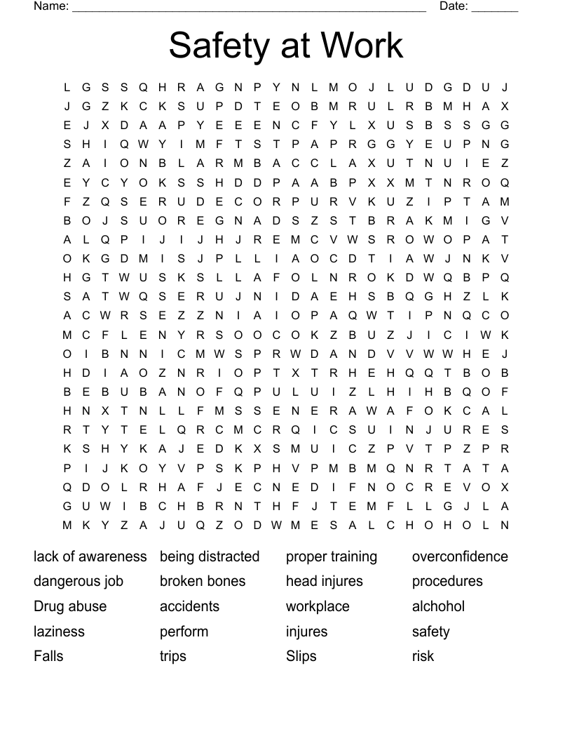 Safety At Work Word Search WordMint