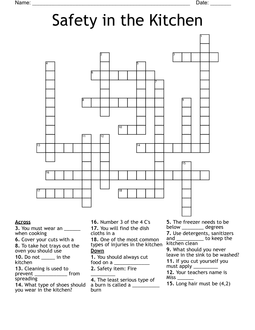 Safety in the Kitchen Crossword - WordMint