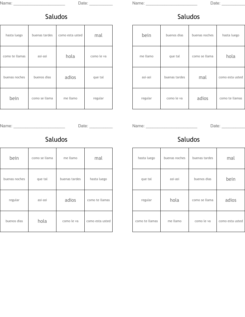 Saludos Bingo Cards - WordMint
