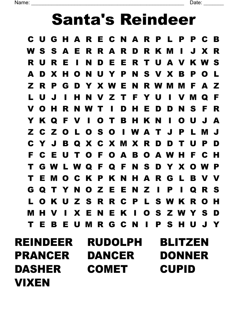 Santa's Reindeer Word Search - WordMint